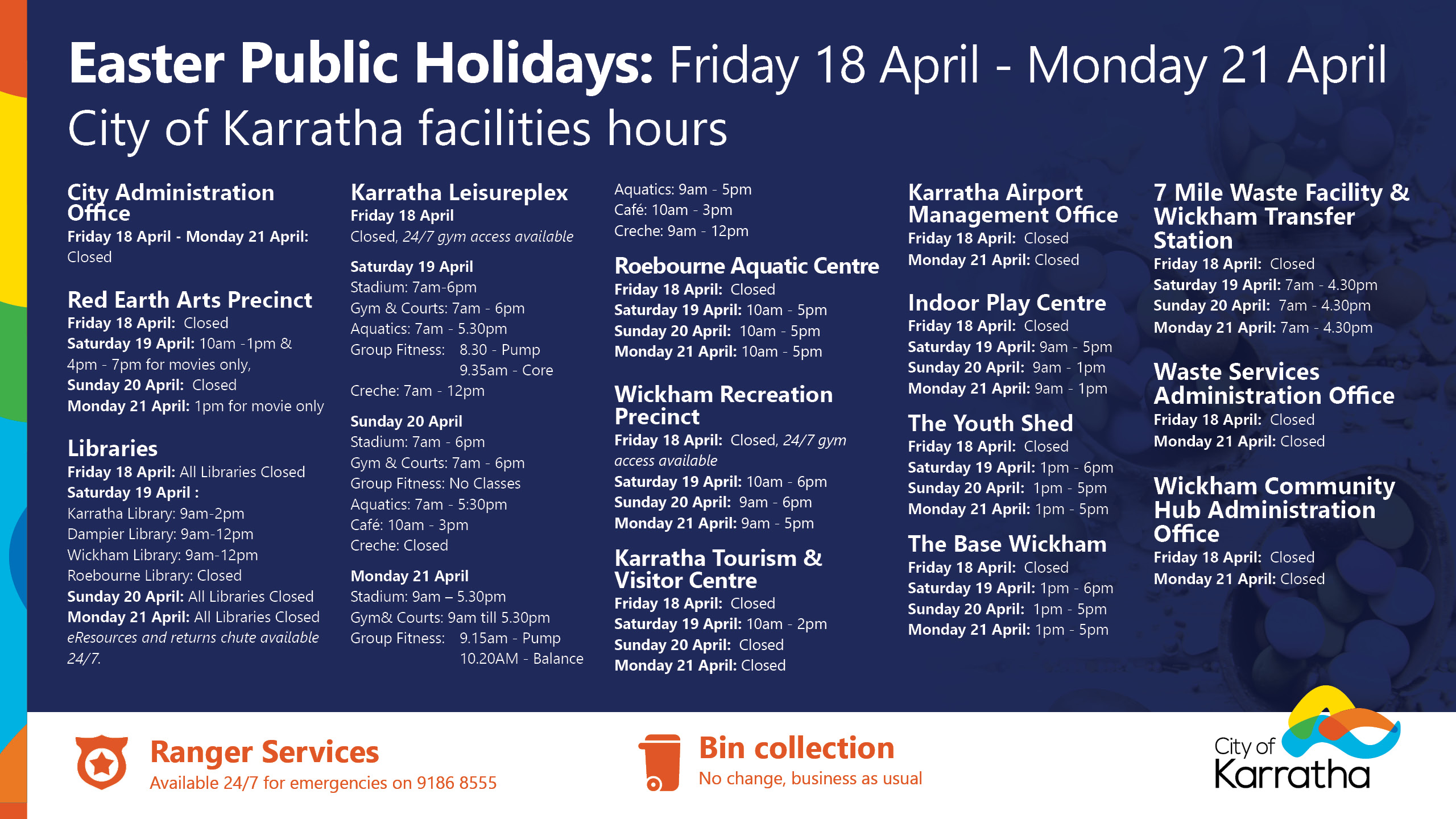 Easter Holiday Facility Hours | City of Karratha