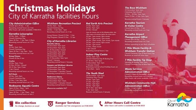 Christmas Holidays Facility Hours | City of Karratha